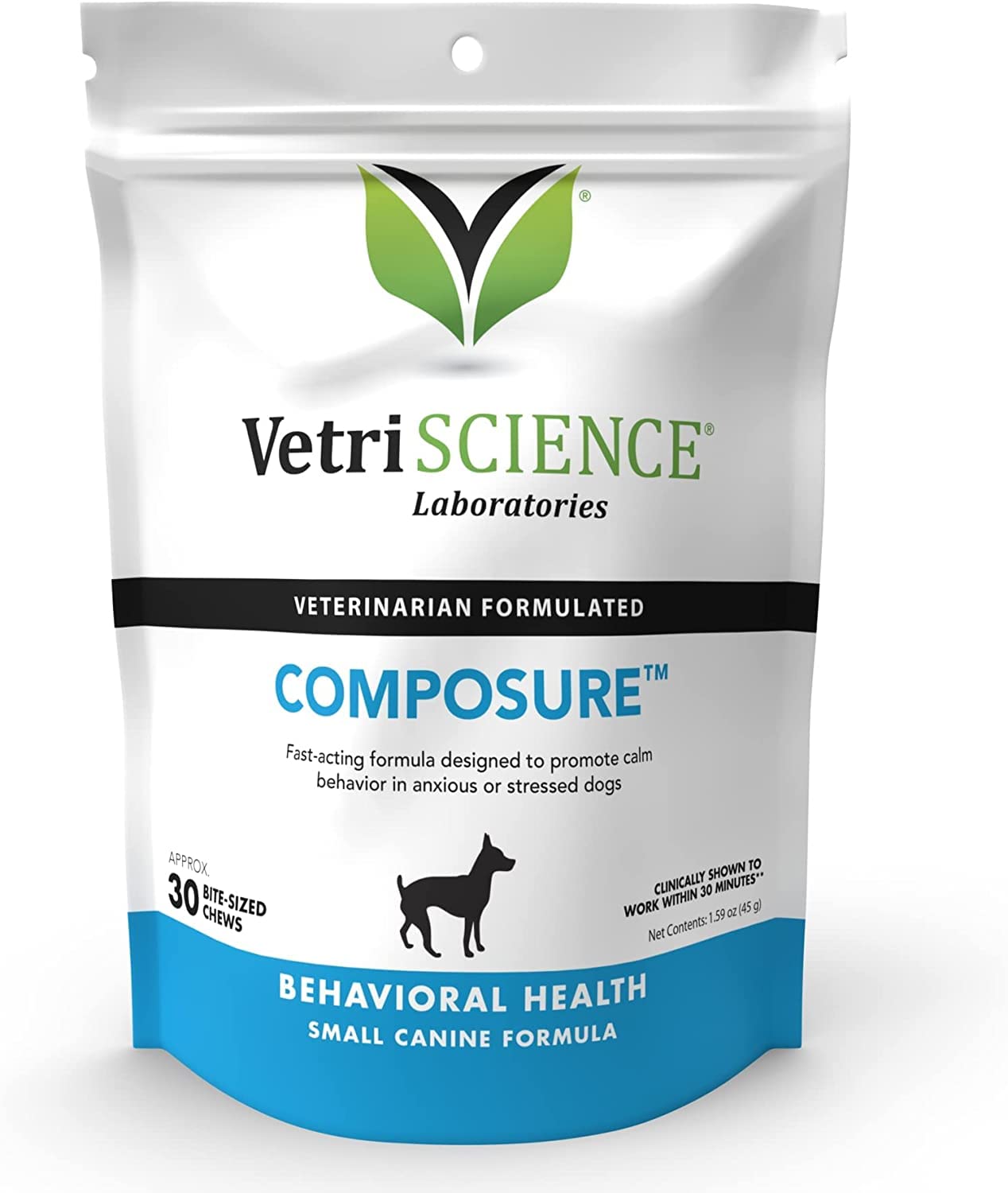 VETRISCIENCE Composure Calming Treats for Small Dogs Dealing with Anxiety, Separation Stress, Noise, Thunder and Barking - Yummy Flavored Chews Pets Love, 30 Chews