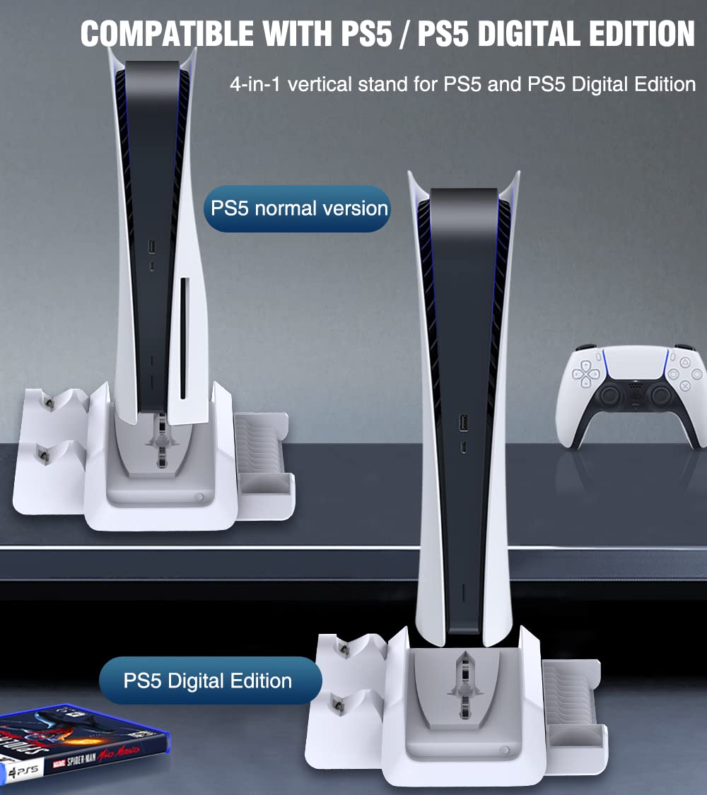 Cooling Stand with Controller Charging Station and Cooling Fan for PS5, Multi-functional Accessories Compatible with PS5 Digital/Disc Edition, Dual Controller Charger with 5V/3A Adapter, 11Game Holder