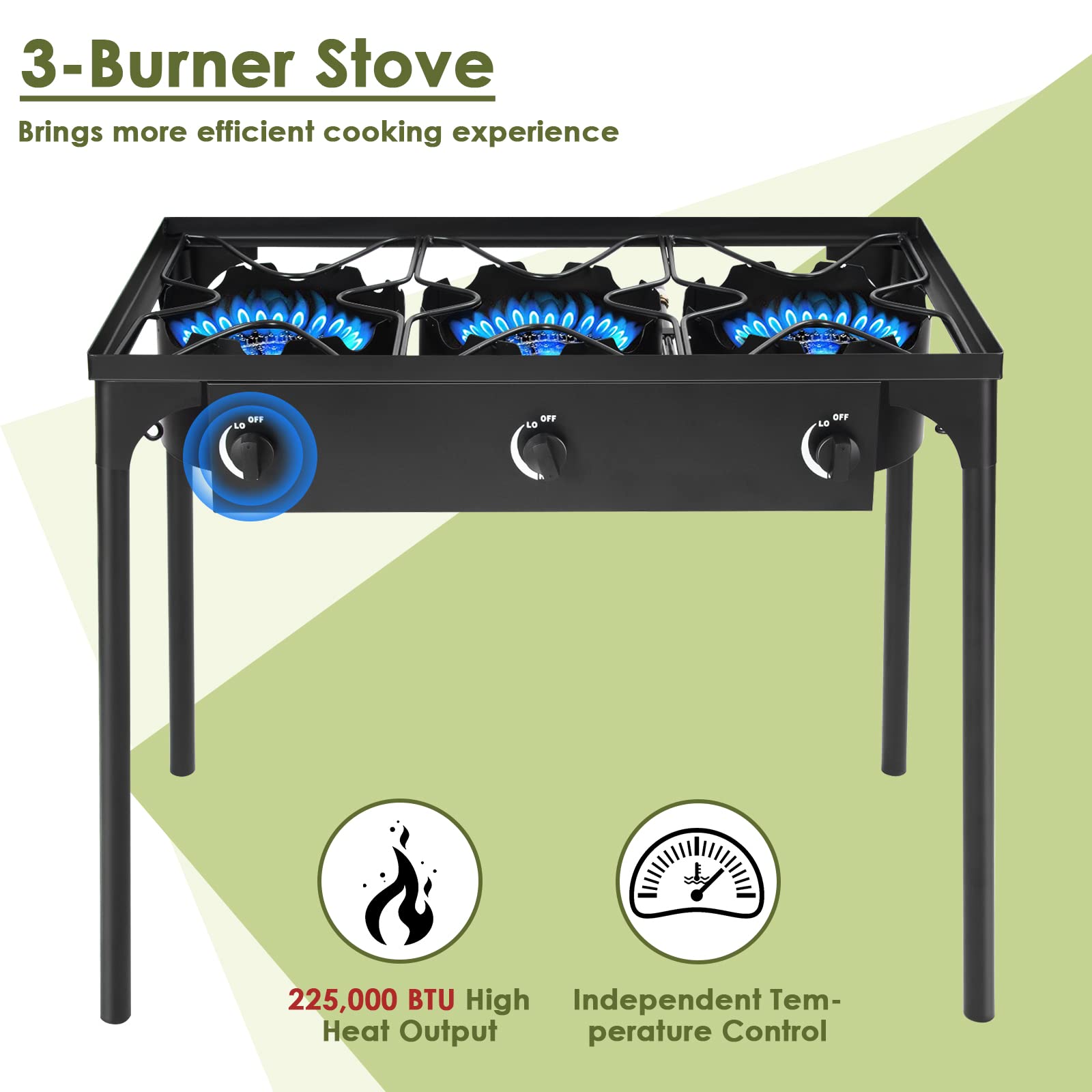 GYMAX Camping Stove, 3 Burner Propane Camp Stove w/Detachable Legs, 225,000-BTU Output, 20 PSI Regulator & CSA Certification, 30ββ Outdoor Gas Stove, High Pressure Propane Burner for BBQ (3 Burner)