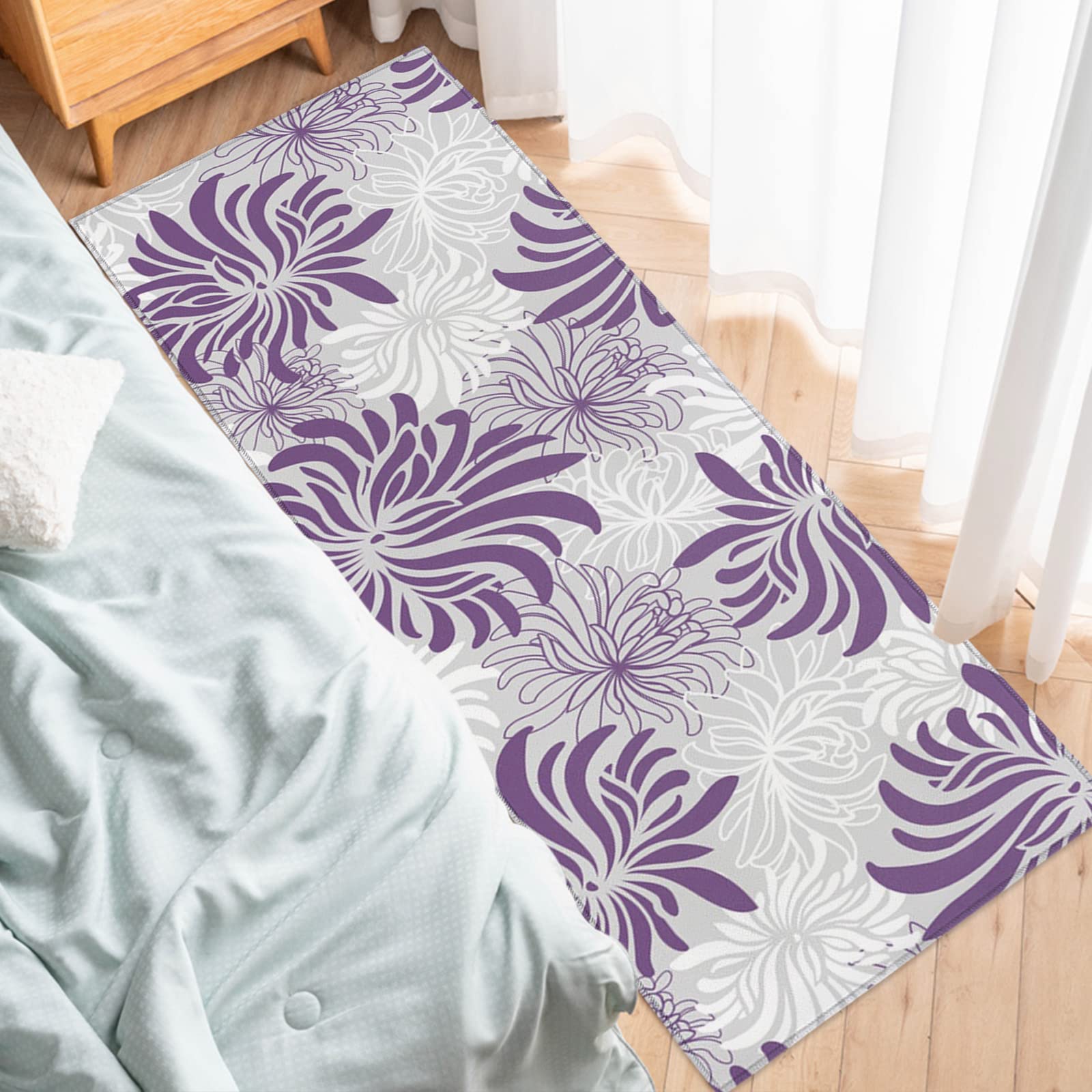 Flower Chrysanthemum Purple Laundry Room Decor Rug Runner, Anti-Fatigue Kitchen Rugs, Waterproof & Non Slip Room Accessories for Floor, Under The Washer & Dryer Durable Mat 18x47.2in