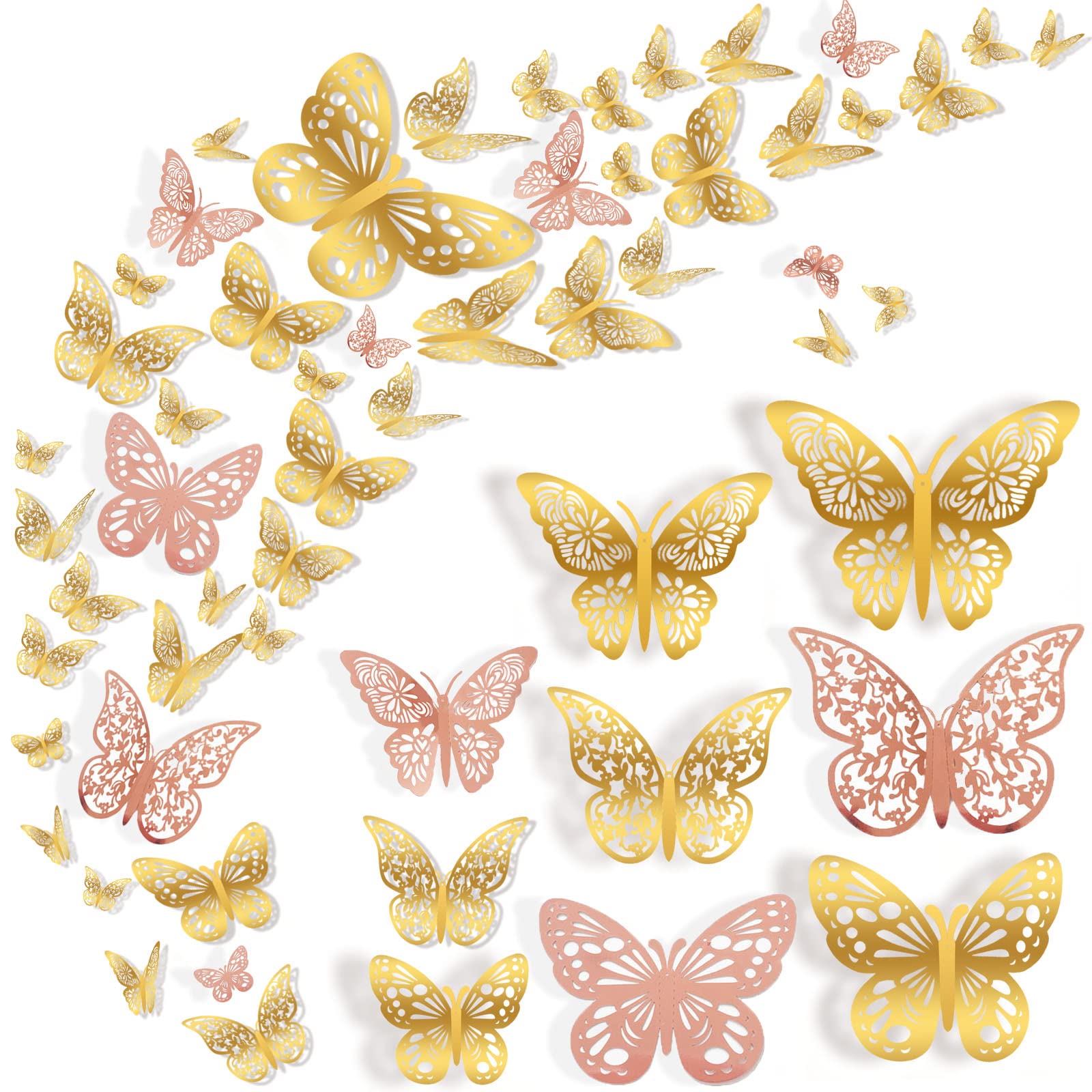 Nelotaor 72 Pcs Butterfly Wall Decor, 3 Styles 3 Sizes 3D Butterfly, Gold and Rose Gold Butterfly, Wedding Decorations, Birthday Party Decorations, Girls Bedroom Decoration(72 Pcs, Gold and Rose Gold)