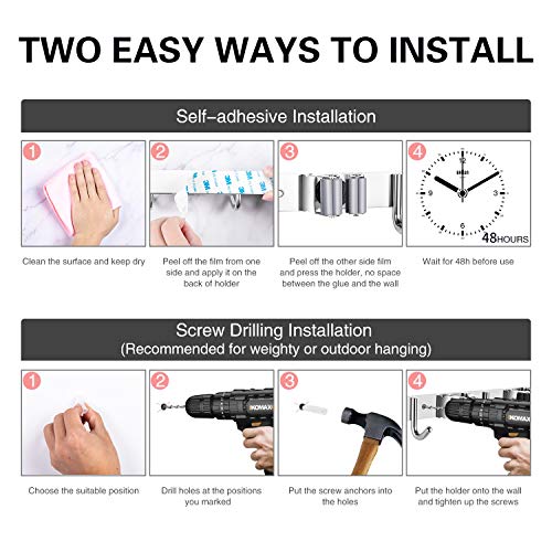 POPRUN Broom Mop Holder Wall Mount Stainless Steel Garden Tool Hanger Garage Organizer Home Kitchen Laundry Storage, 3 Racks 4 Hooks, Grey