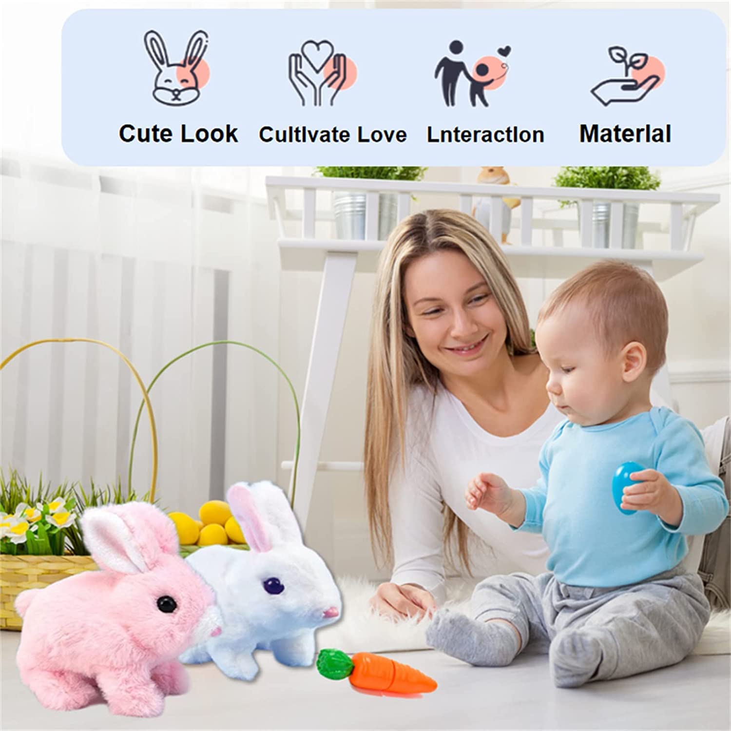 Easter Plush Stuffed Interactive Bunny Toy Walking Rabbit Educational Toys Interactive Toys rabbit Can Walk and Talk rabbit toys for Kids, Hopping Wiggle Ears Twitch Nose (White)(Without battery)