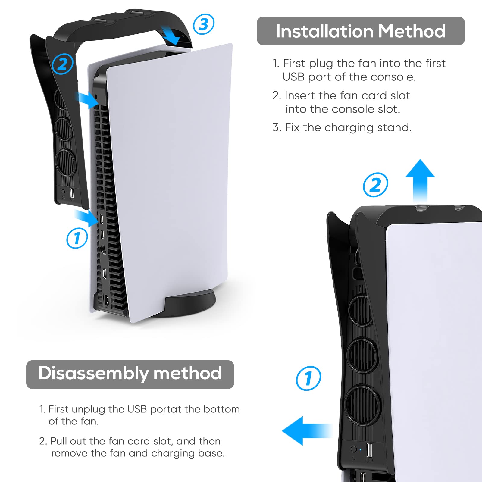 Cooling Fan and Controller Charger Compatible with PS5 DualSense, YUANHOT 2.5H Fast Charging Station and Cooling System Accessories for PS5 Disc and Digital Edition