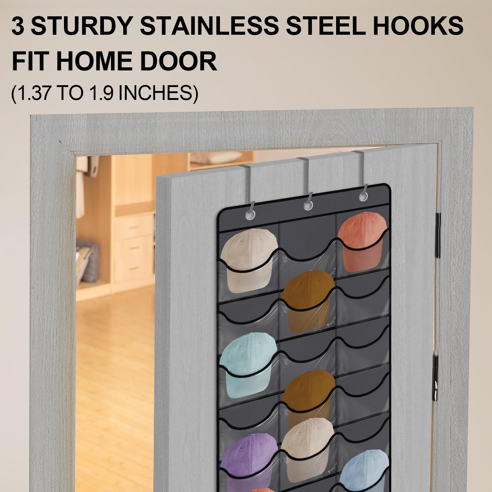InterMaka Hat Rack for Door - 24 Clear Deep Pocket Cap Racks for Baseball Caps, Premium Hat Storage with 3 Sturdy Hooks, Versatile Hat Holder & Ball Hat Organizer for Optimal Display Grey