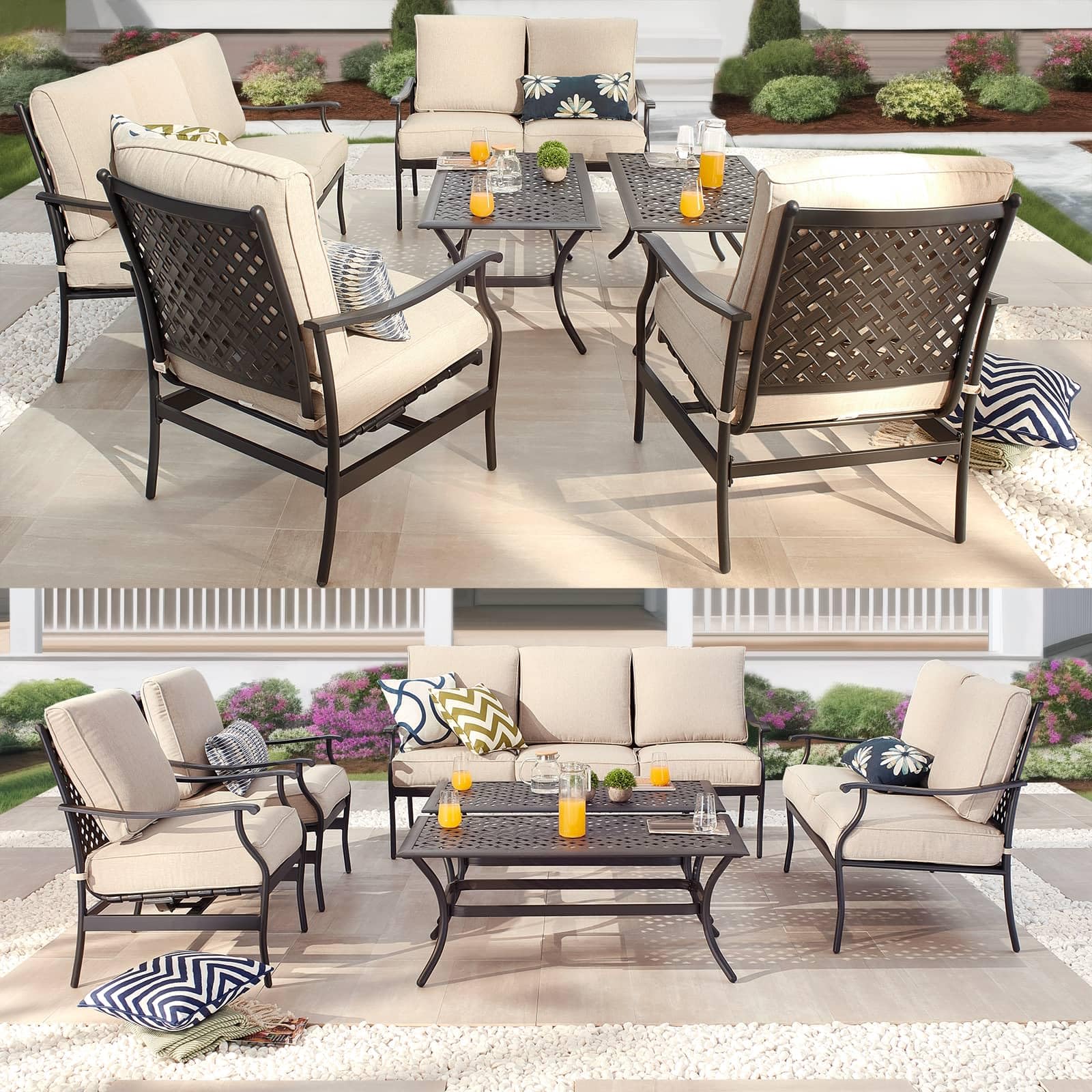 PatioFestival Patio Conversation Set 6 Pieces Metal Outdoor Furniture Seating Sets with Beige Thick Cushions, Rocking Chairs & Coffee Table & Loveseat
