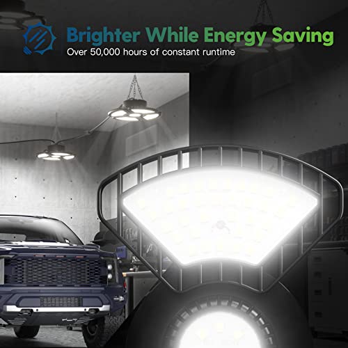 FREELICHT 4 Pack LED Garage Lights with Plug, 90W 9000LM Hanging Deformable Garage Ceiling Lighting 6500K with 4+1 Adjustable Panels, Corded Linkable Shop Light for Basement, Barn, Workbench