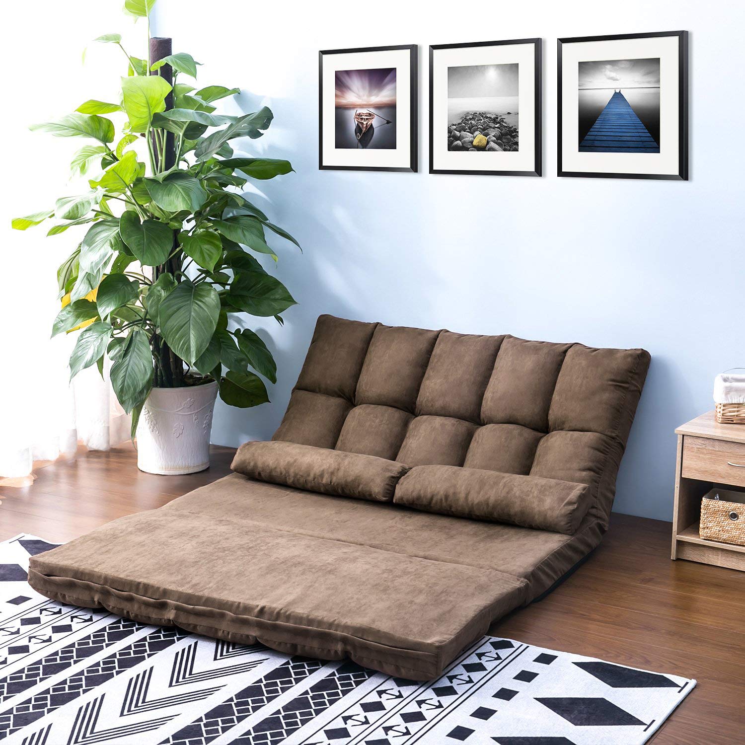 EMKK Chair with Back Support-Double Seating for Adults & Kids,w Adjustable Couch Fully Backrest 2 Pillows Gaming Living Room, Folding Chaise Lounge Floor Sofa, Brown Aparment a