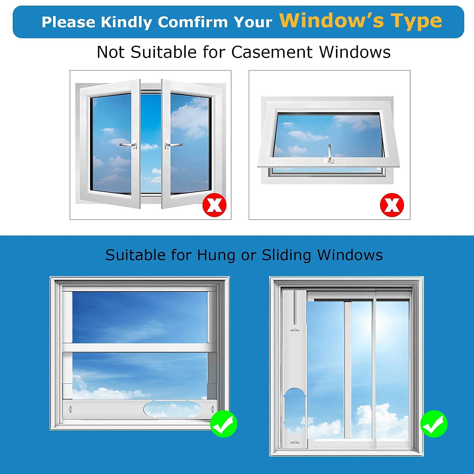 Window Vent Kit for Portable Air Conditioner, Adjustable Window Seal Plate Kit for AC Unit, Adjustable Length 21 Inch to 62 Inch, AC Window Kit for Exhuast Hose of 15cm/5.9 Inch.