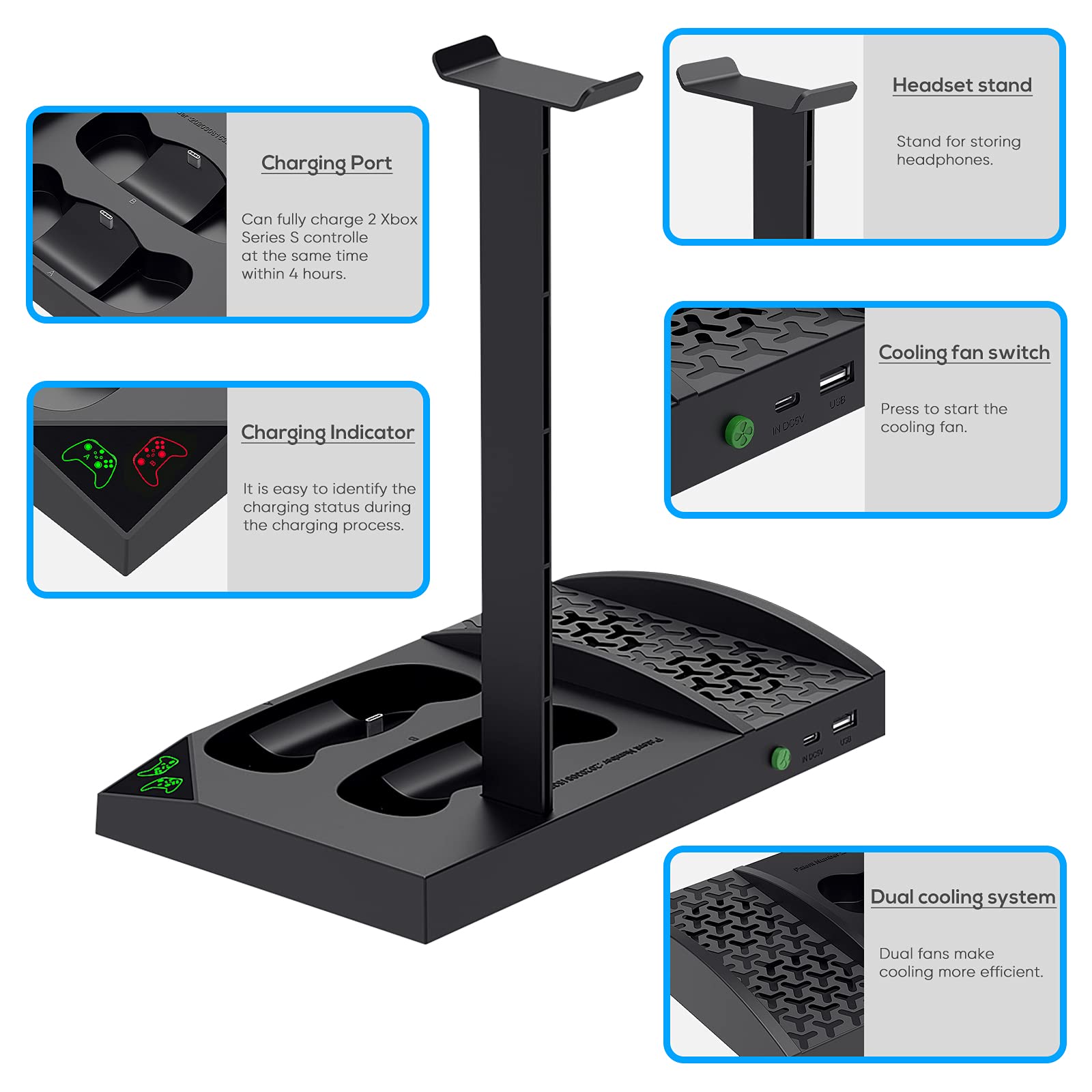 Cooling Fan Stand for Xbox Series S with 1400mAh Rechargeable Battery Pack, YUANHOT Vertical Charging Station Dock Accessories with Controller Charger Ports, Headset Holder & Cooler System - Black