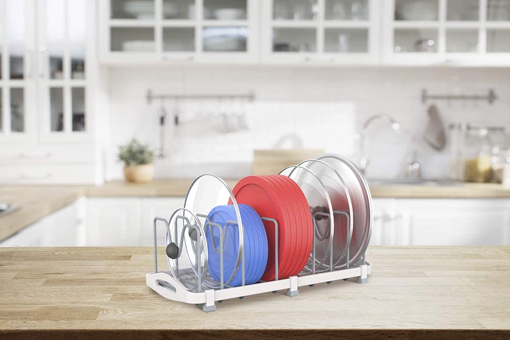 EVERIE Adjustable Bakeware Organizer Pot Lid Holder Rack for Pots, Cake Molds, Cutting Boards, Mats, Cookware, Large 7.7'' W x 16.1'' D x 6.3'' H