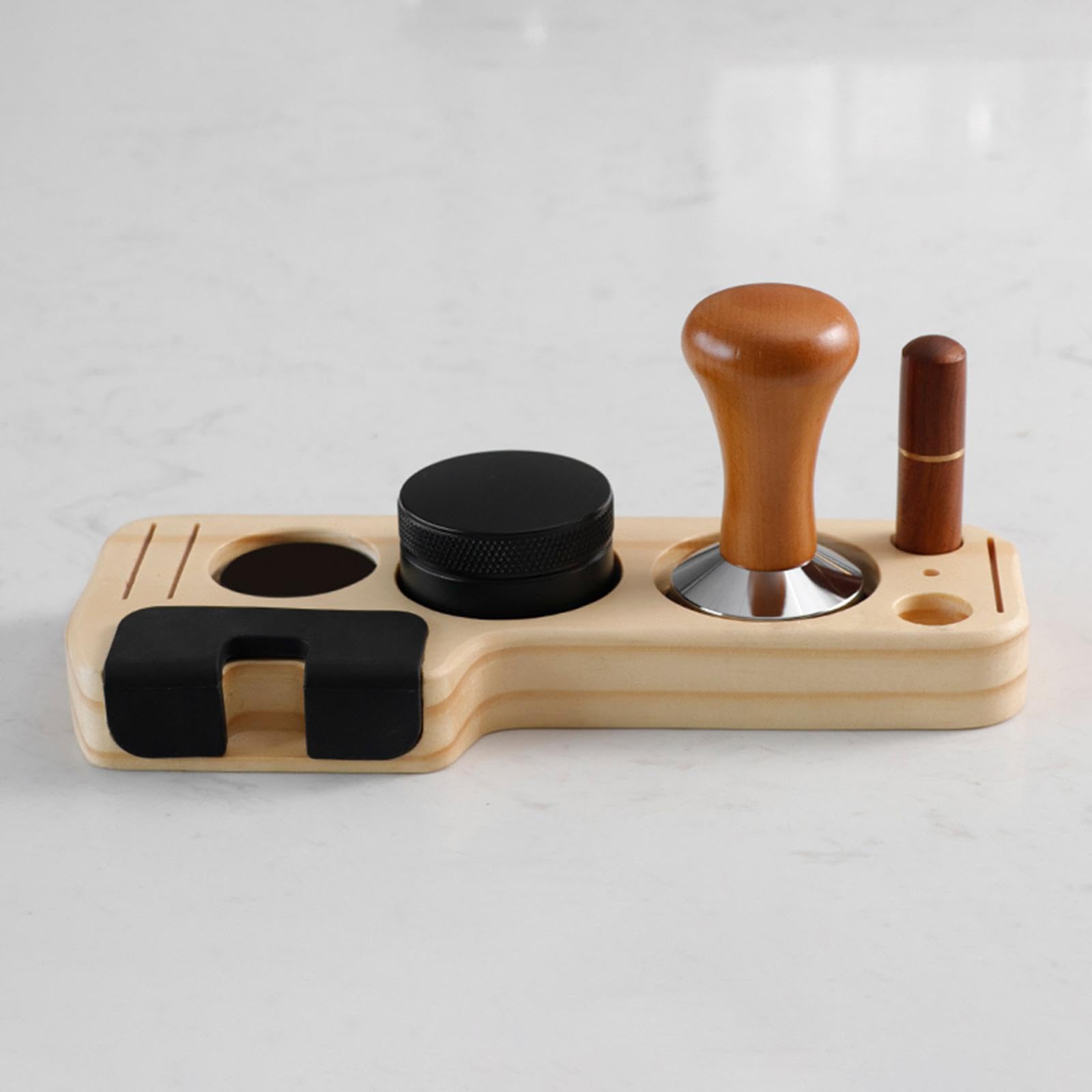 KLKCMS Espresso Accessories Kits Espresso Tamping Stand Set Barista Part Multipurpose Coffee Tamper Distributor and Stirrer for Counters Shop Cafe, Pine Wood 58mm