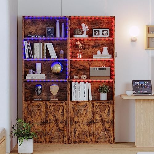 IRONCK Tall Bookcase with LED Lights, 70 in Industrial Bookshelf Display Shelf Floor Standing for Home Office, Living Room, Bed Room