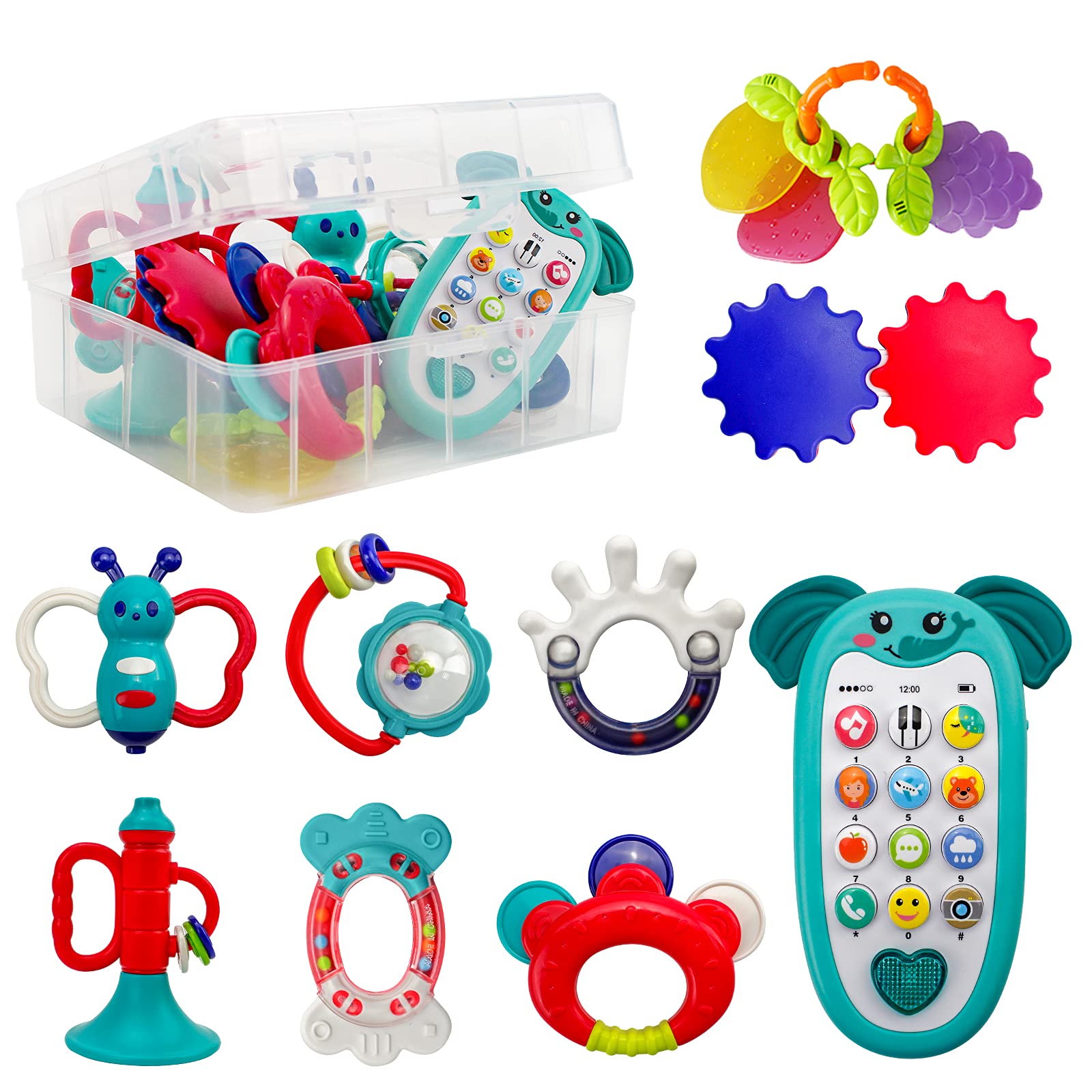 WISHTIME Baby Rattles Teethers with Phone Toy Set, 10PCS Infant Grab Spin Rattle Shaker with Storage Box, Newborn Baby Toys 6 to 12 Months, Teething Toys for Toddlers Boys Girls