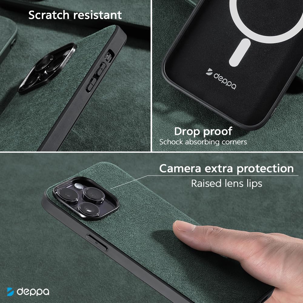 Deppa Alcantara case for iPhone 12 Pro Max (6.7') Shockproof Slim Magnetic Cover with Magsafe Wireless Charging [Genuine Italian Alcantara] Enhanced Camera Protection| (Emerald Green-9073)