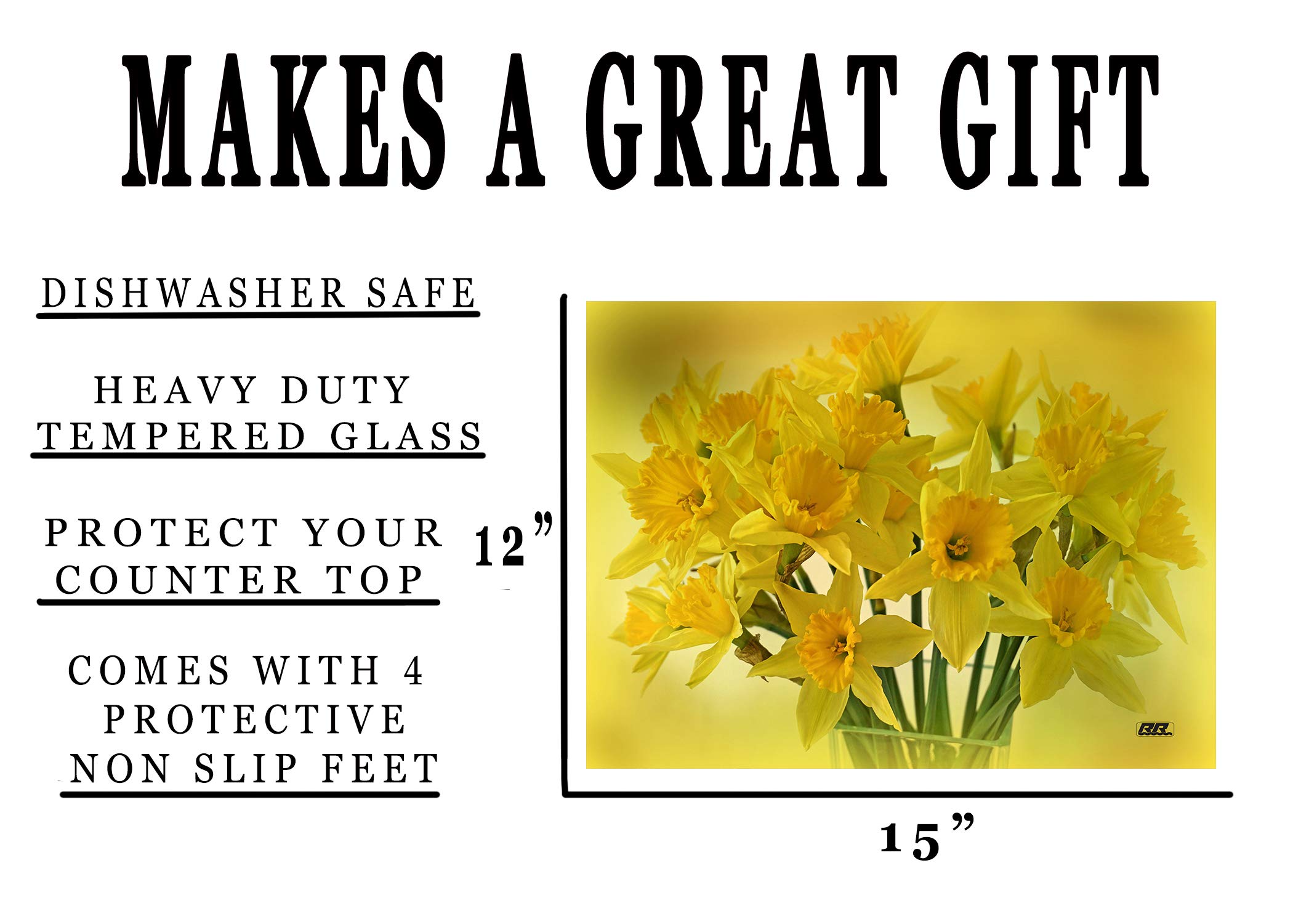 Flower Yellow Daffodil Floral Kitchen Glass Cutting Board Decorative Gift For Mom Daffodil Bouquet Design