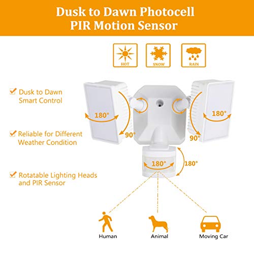 EMANER Dusk-to-Dawn Security Lights with Motion Sensor, 5000K Daylight White, IP65 Waterproof Outdoor, 110V 120V Dual-Head Rotatable LED Flood Light for Porch, Garage, Yard, Driveway