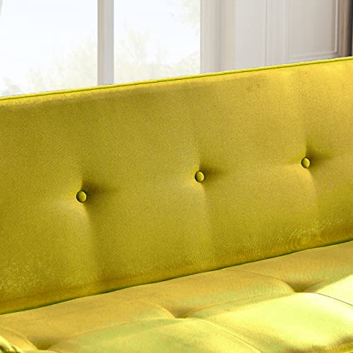 MWrouqfur Modern Fabric Sofa Bed Futon,Convertible Sleeper Loveseat with 2 Pillows and Armrests,75" Folding Recliner Couch Bed with Solid Wood Legs for Living Room Apartments Office (Yellow)