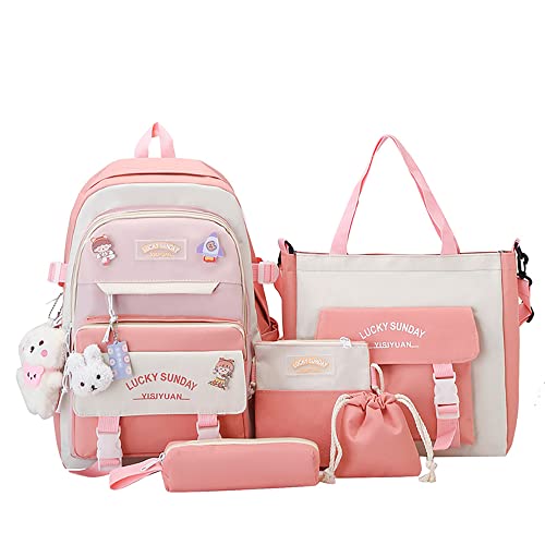 MWZING 5 Piece Backpack Set kawaii Backpack with Cute Bear Doll and Pins Canvas Backpack Large Capacity Aesthetic Shoulder bag