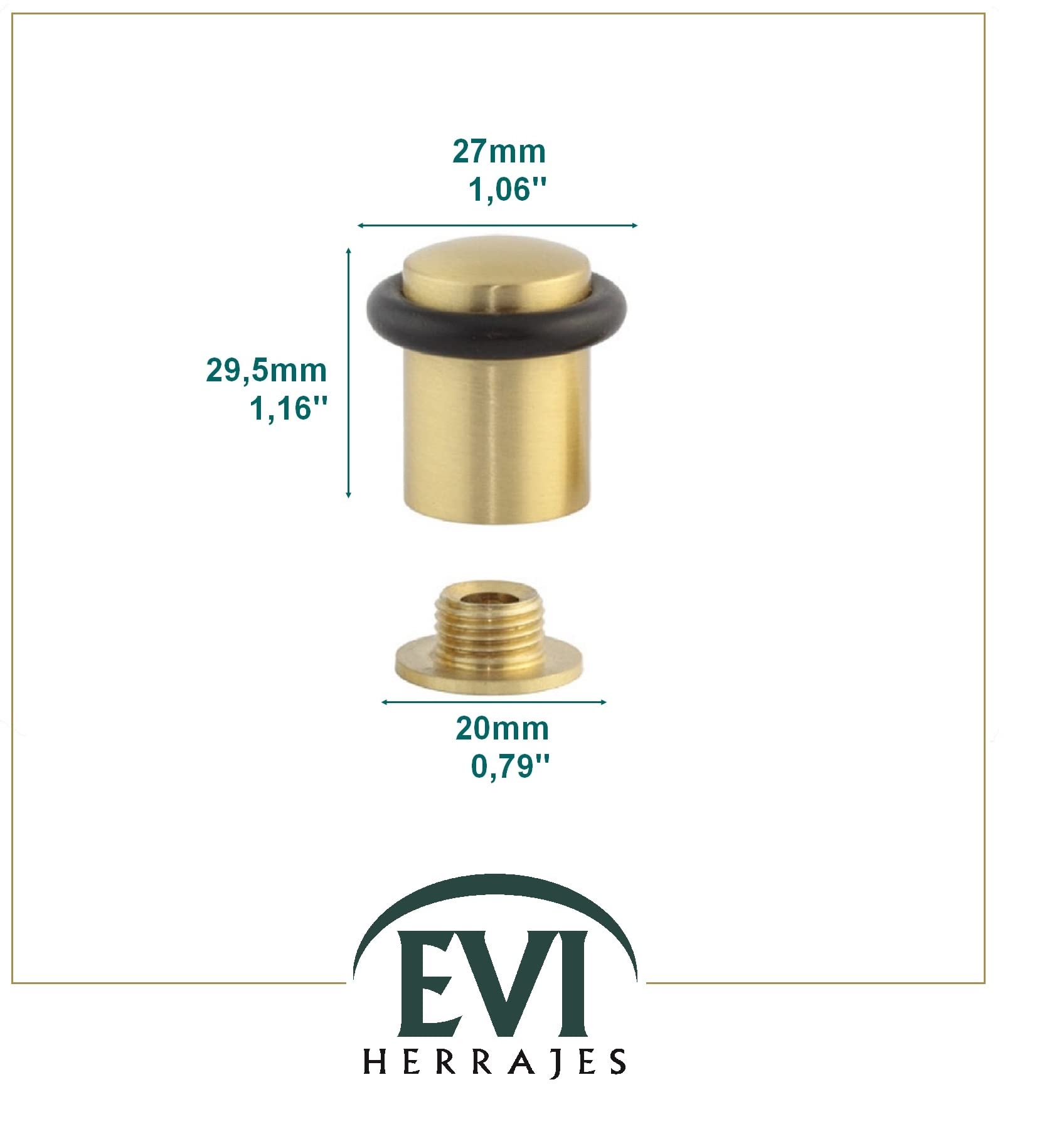 EVI | Doorstop | 1.06'' X 1.15'' | Threaded Base | Natural Silicone Black Rubber | Brass Matte Finished | Includes Strips + Fastening Anchor | 2X Mod. I-108