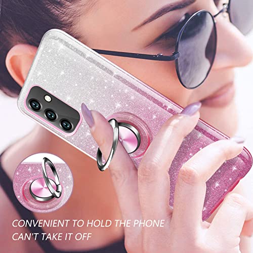 KSWOUS for Galaxy A13 5G Case with Screen Protector [2 Pack], Glitter Sparkly Bling Pink Protective Cover with Kickstand for Women Girls Slim Shockproof Case for Samsung A13 Phone Case (Pink)
