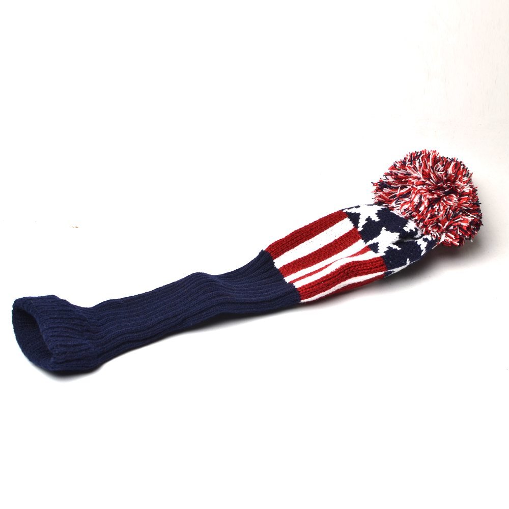 COOLSKY Golf USA Star Stripes Knit 3pcs Headcover Set Vintange Pom Pom Sock Covers 1-3-5