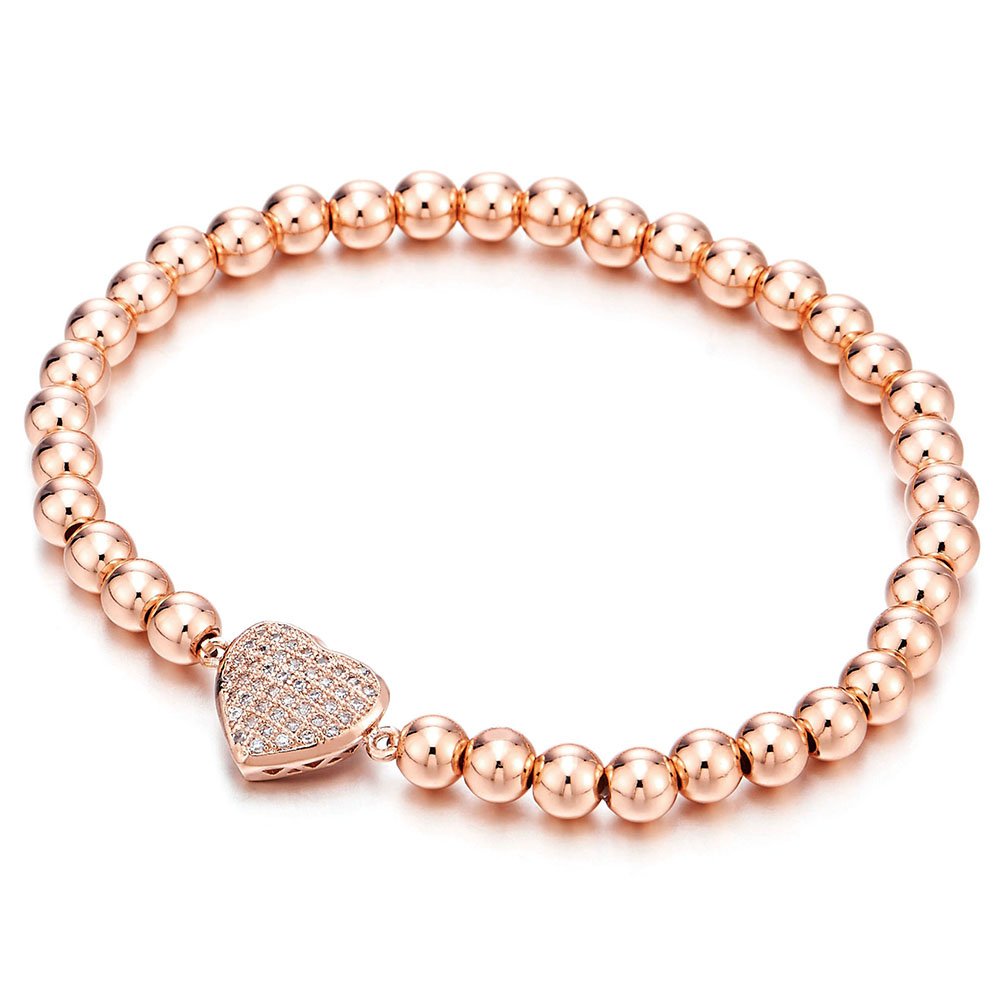 COOLSTEELANDBEYOND Rose Gold Beads Link Charm Bracelet for Women with Cubic Zirconia Heart Charm, Polished