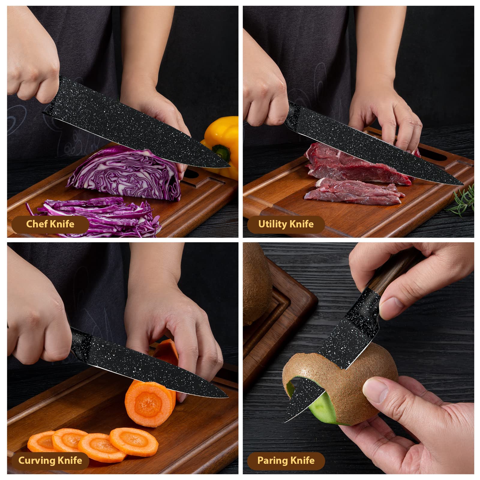Knife Set, 6Pcs Kitchen Knife Set with Block, Professional Chef Knife Sets with Carving Paring Bread Knife High Carbon Stainless Steel Knife Set with Japanese Designed Wood Grain Pattern Handle