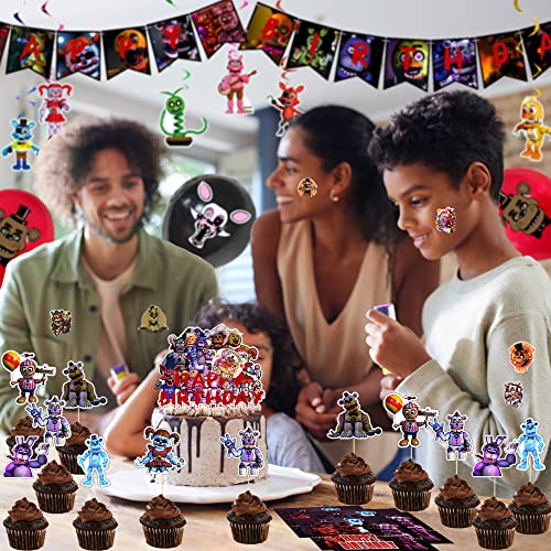 Kikuke fnaf Birthday Party Supplies, 117 Pcs Halloween Party Decorations Includes Backdrop, Cake Topper, Invitation Cards, Happy Birthday Banner, Balloons, Stickers