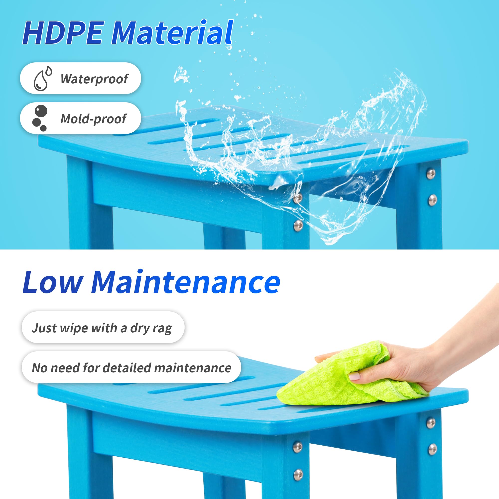 ISYIESA Shower Bench and Stool for Bathrooms: Waterproof, Non-Slip, and Rot-Resistant. Crafted from Plastic Composite HDPE,Equipped with Adjustable Legs and a Shaving Shelf(Pacific Blue)