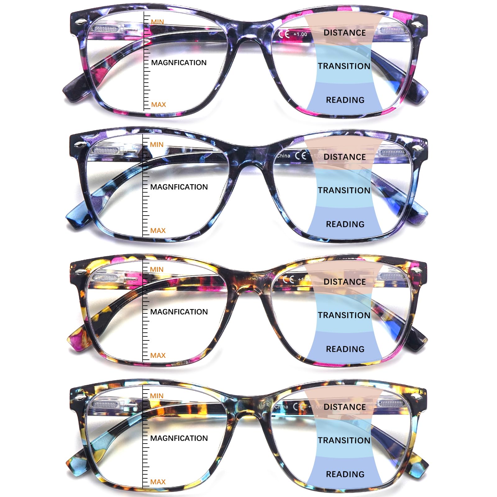CLASAGA Progressive Multifocus Reading Glasses for Women, Pattern Print Blue Light Block Stylish Ladies Computer Readers (pattern design, 1.5, x)