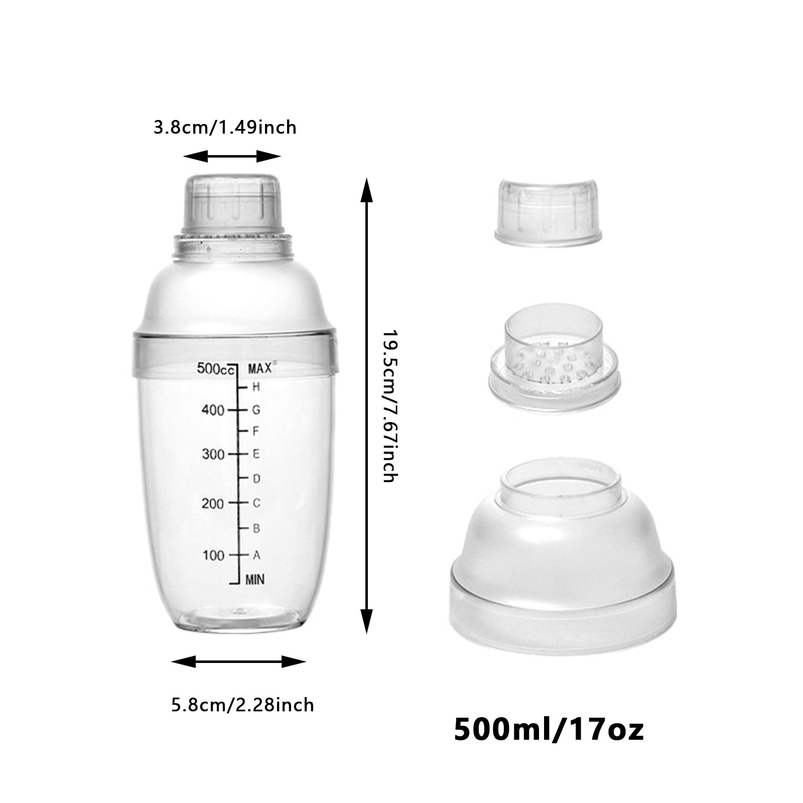 FEOOWV Upgraded Four-stage Plastic Cocktail Shaker, Hand Drink Mixer, Boba Tea Shaker Cup with Scales, Bar Tool Transparent (1, 17oz)