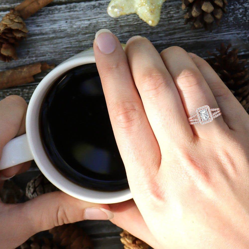 Clara Pucci 1.57 ct Emerald Cut Clear Simulated Diamond 14k Rose Gold Halo Solitaire W/Accents Wedding Engagement Promise Ring size 8