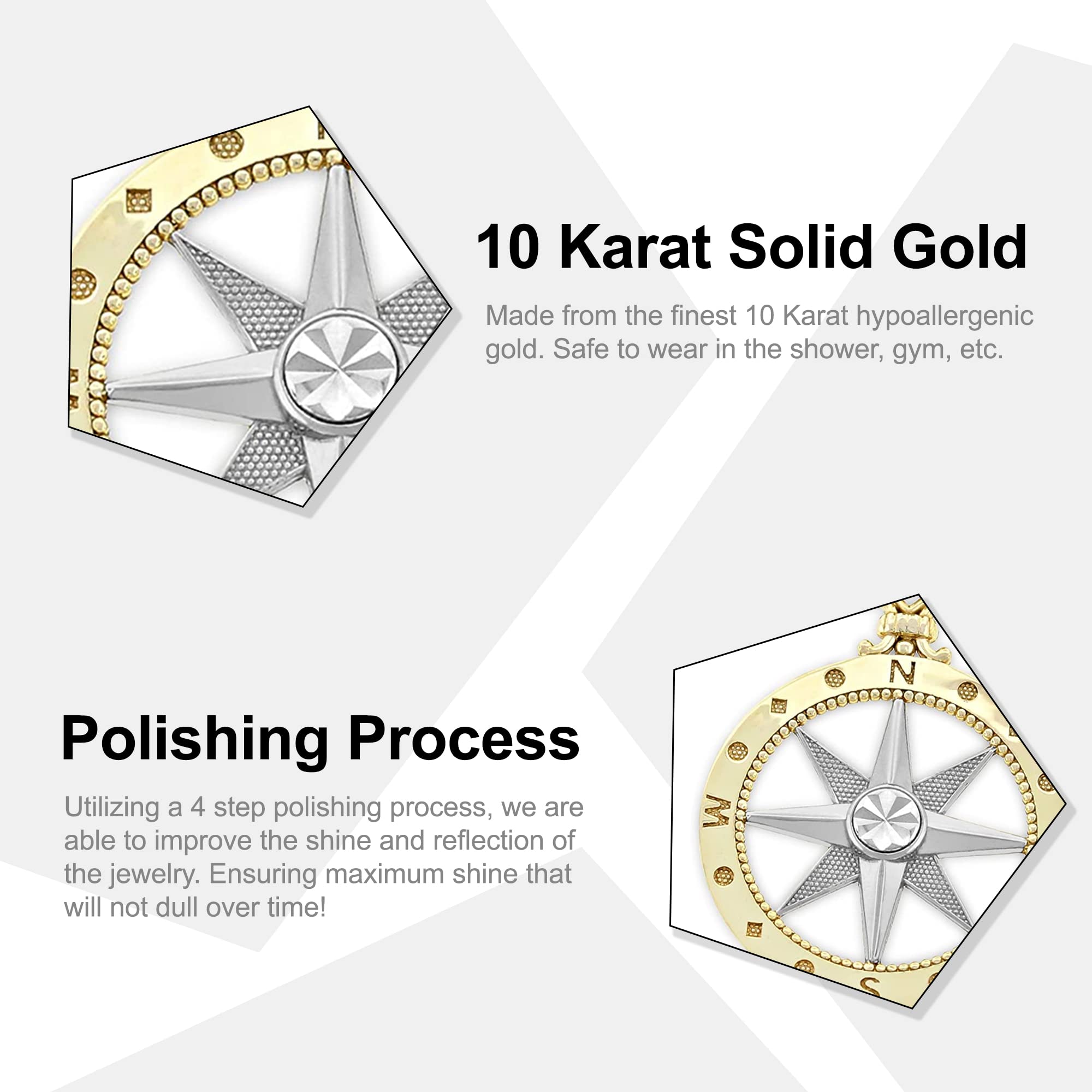 Charm America - Gold Two-Tone Compass Charm - 10 Karat Solid Gold - Nautical Jewelry Pendant (Large)