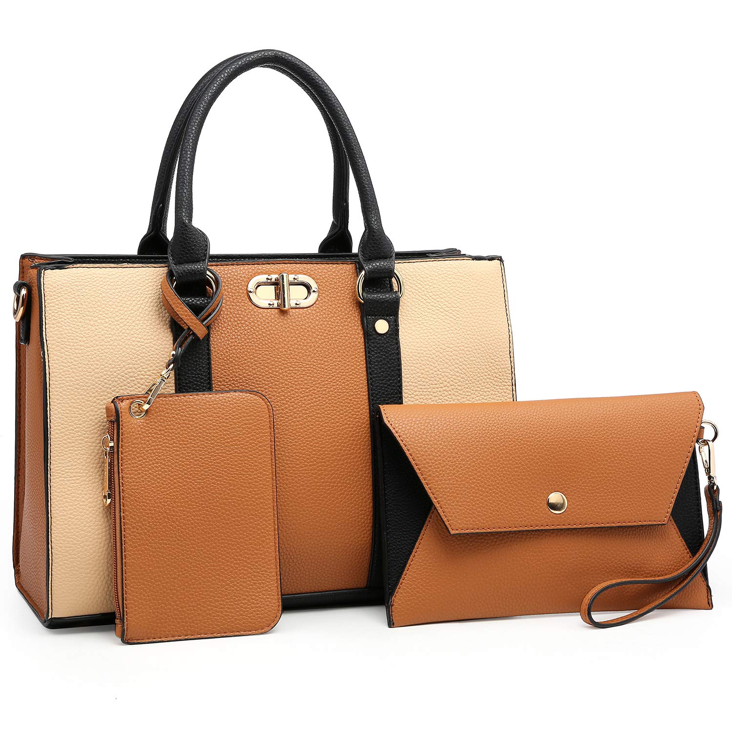 Dasein Women Handbags Top Handle Satchel Purse with Matching Wallet Set 3Pcs (Brown/Beige)