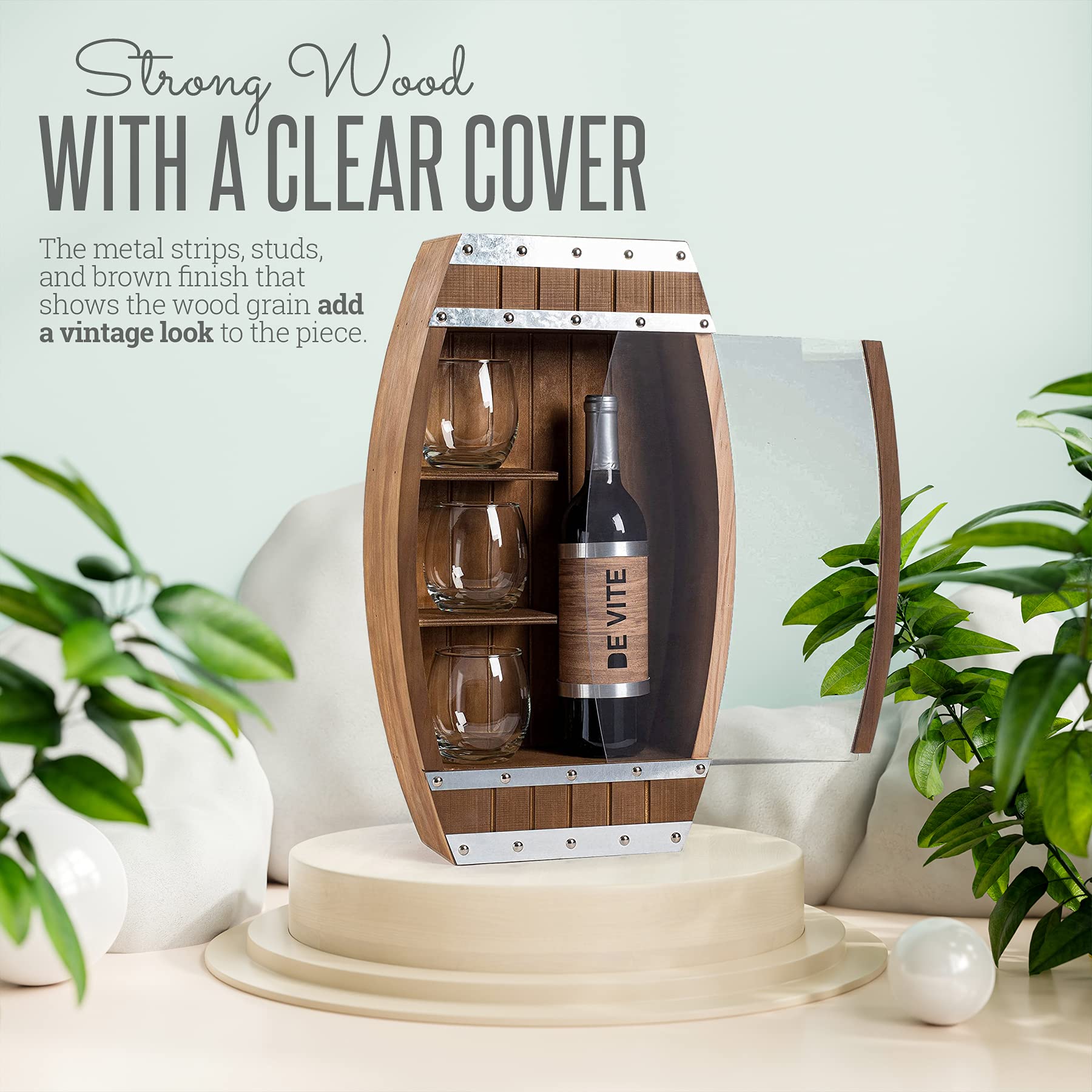Wooden Wine Barrel Display - Pinewood Display Case with Sliding Cover Ideal for Wine Whiskey Scotch & More - 3 Built-In Shelves for Stemless Wine or Rocks Glasses, A Gift for Wedding or Any Occasion