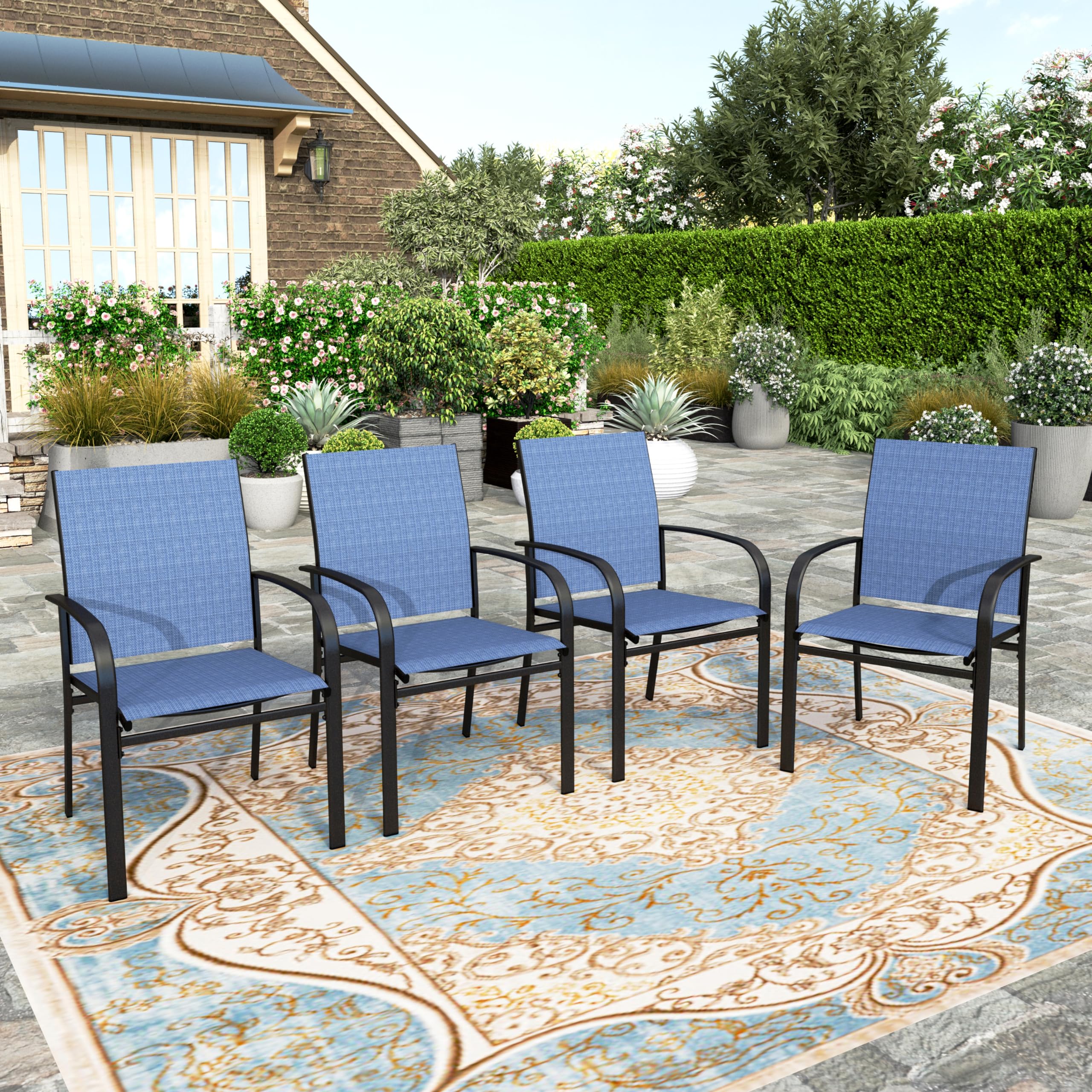 HERA'S HOUSE Patio Dining Chairs Set of 4, 36" Textilene Fabric Outdoor Chair with Wrought Iron Metal Frame Support 350lbs for Lawn Garden Backyard Kitchen, Blue