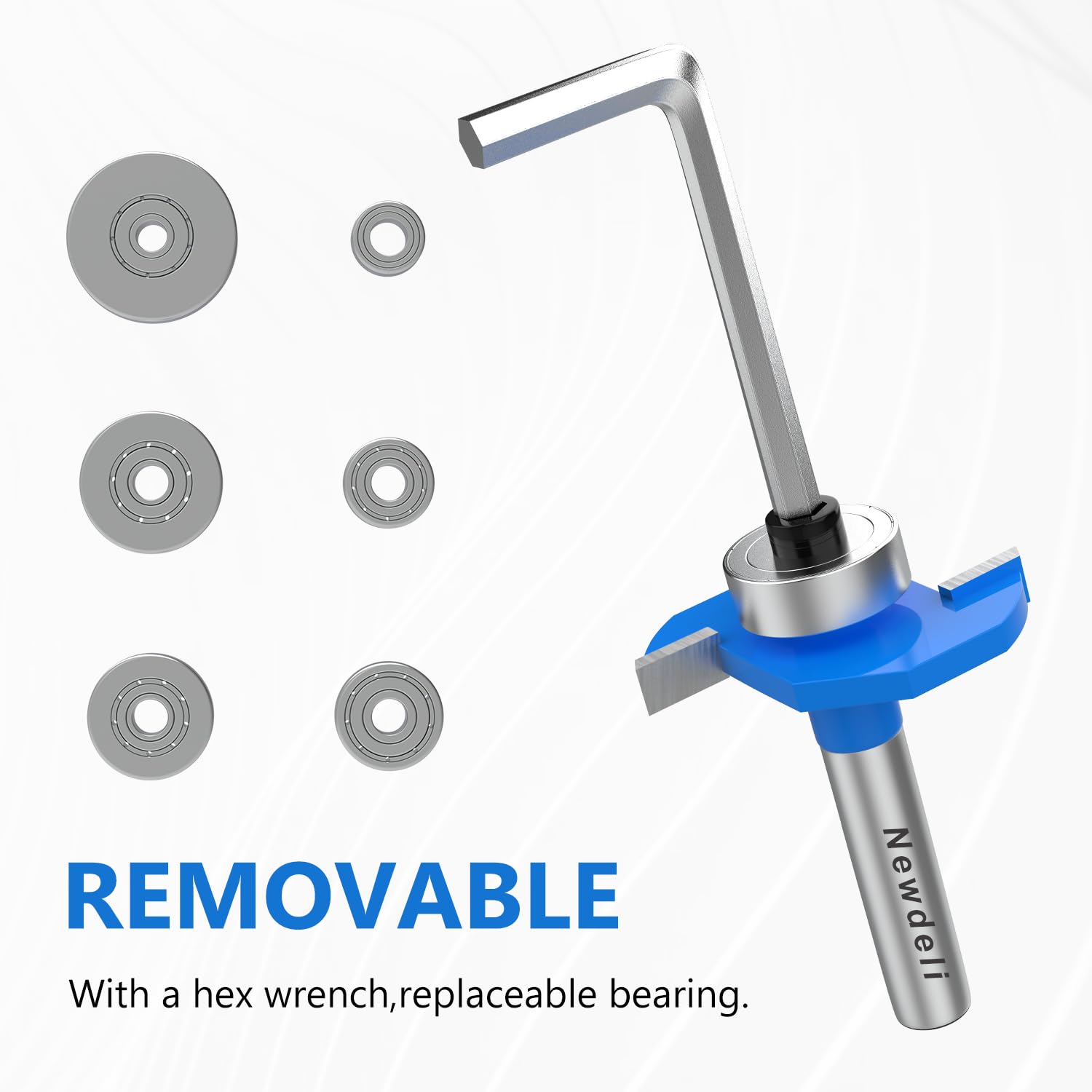 Newdeli Rabbet Router Bit Set 1/4 Inch Shank - 4Pcs Rabbeting Router Bits(1/8",1/4",3/8", 1/2" Height) with 6 Bearings Set (3/8", 1/2", 5/8", 3/4", 7/8", 1-1/8" Bearings) - Wood Biscuit Slot Cutters