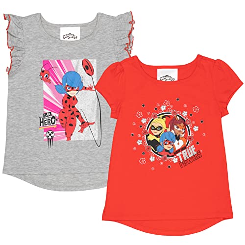 Miraculous Ladybug Cat Noir Rena Rouge Little Girls 2 Pack T-Shirts Gray/Red 4-5