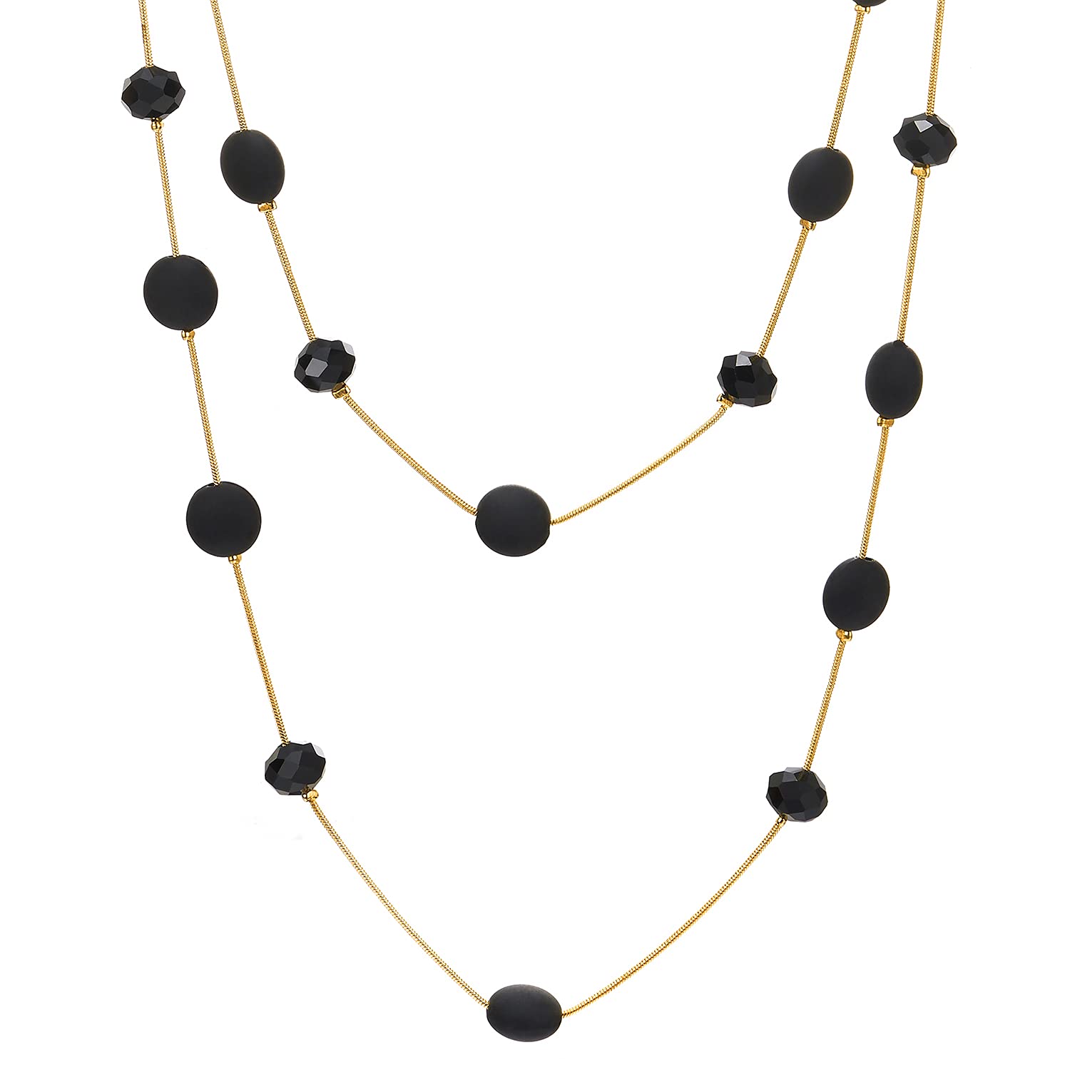 COOLSTEELANDBEYOND Gold Statement Necklace Two-Strand Long Chains with Black Resin Beads Charms Pendant, Dress Prom