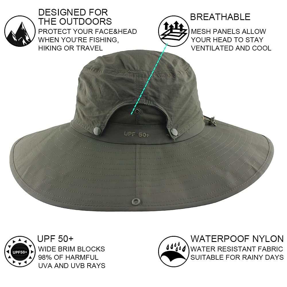 Cooltto Wide Brim Sun Hats with Waterproof Breathable for Fishing, Hiking, Camping,for Men Women Kids Light Gray