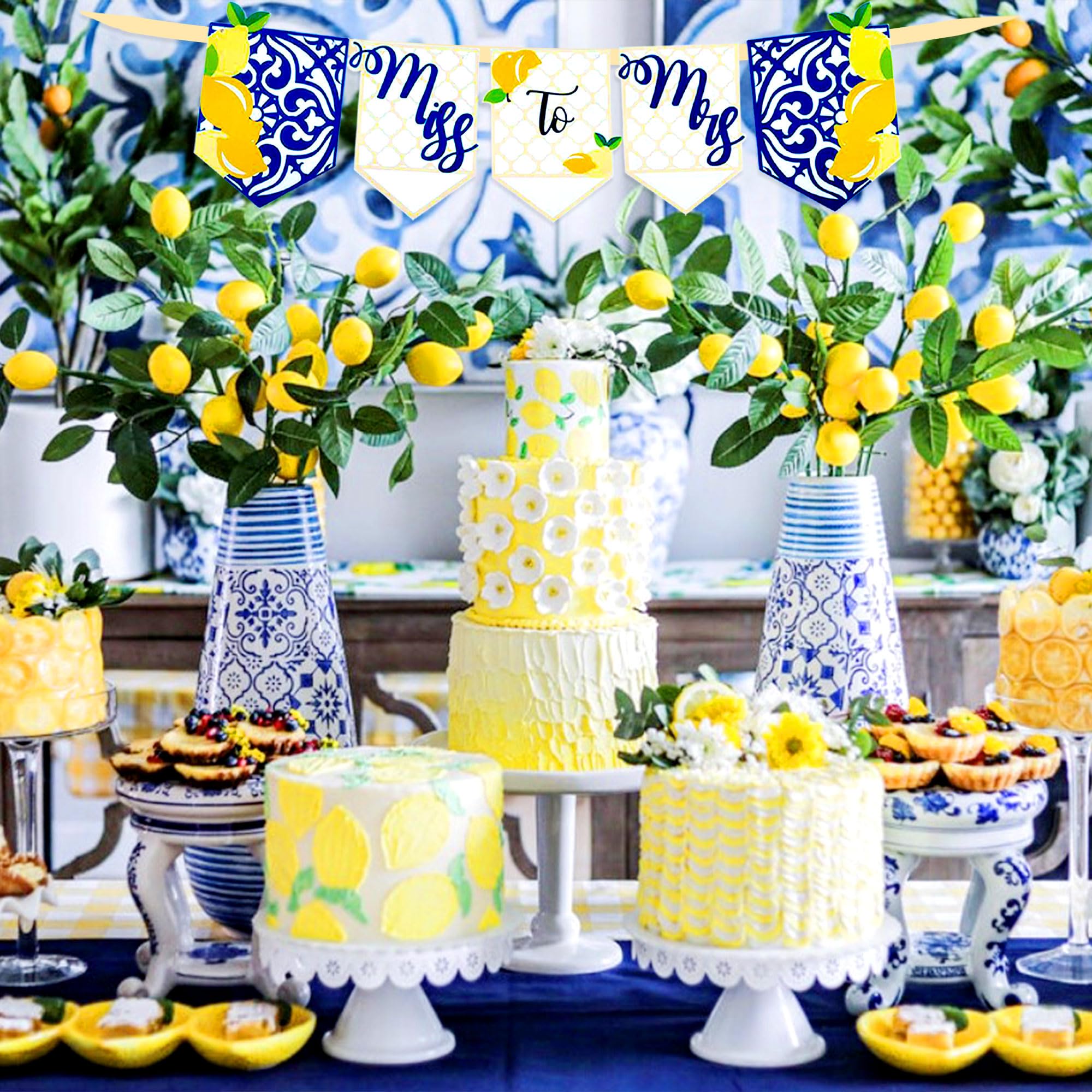 Lemon Bridal Shower Decorations Miss to Mrs Sign Capri Lemon Engagement Banner Blue Tiles Lemon Bride to Be Banner Fruit Lemon Bachelorette Party Decorations