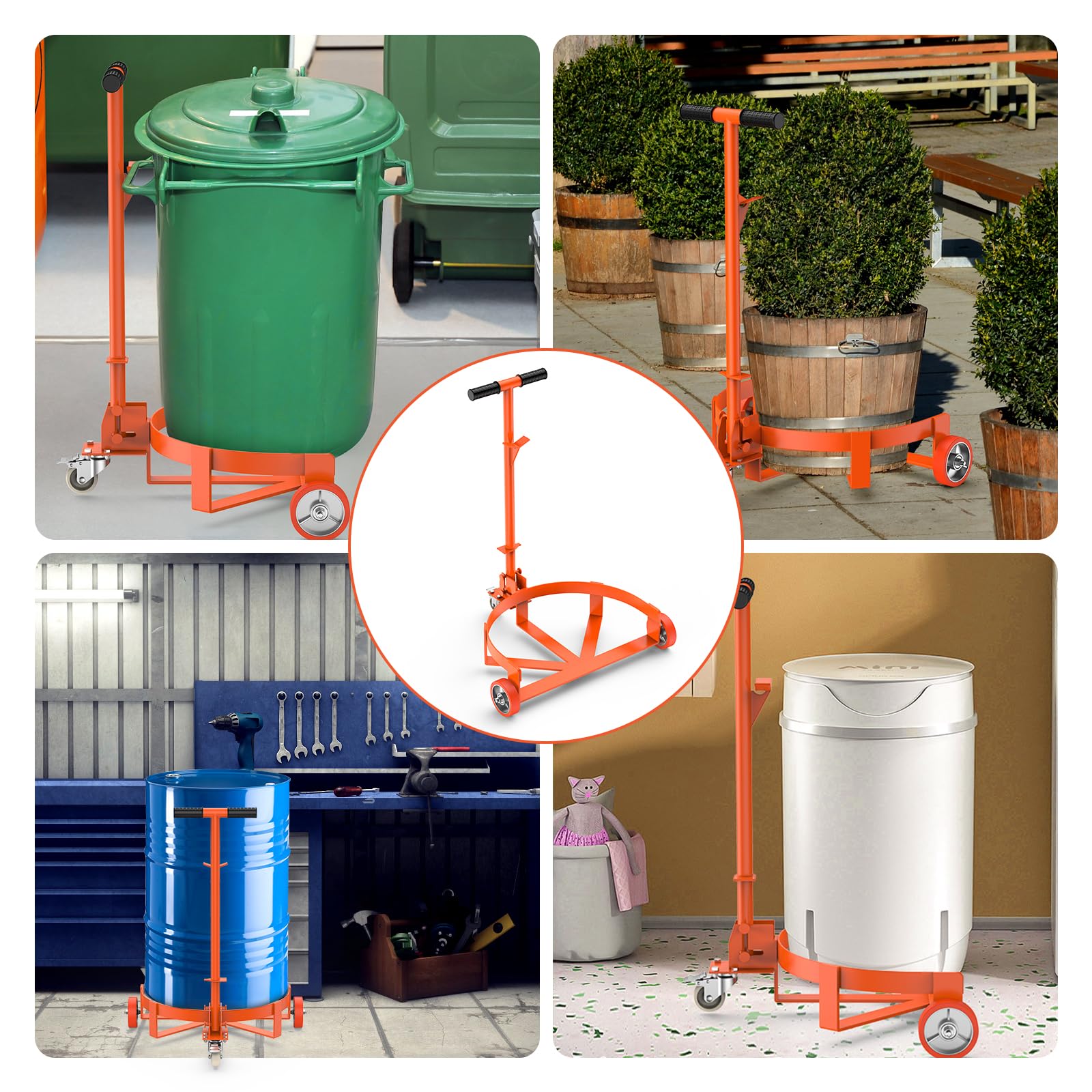 Heavy Duty Drum Dolly,55 Gallon Barrel Dolly with 3 Poly-on-Steel Wheels with Brake, 1000 LBS Capacity Trash Can Dolly with Handle, Orange Steel Frame Dolly
