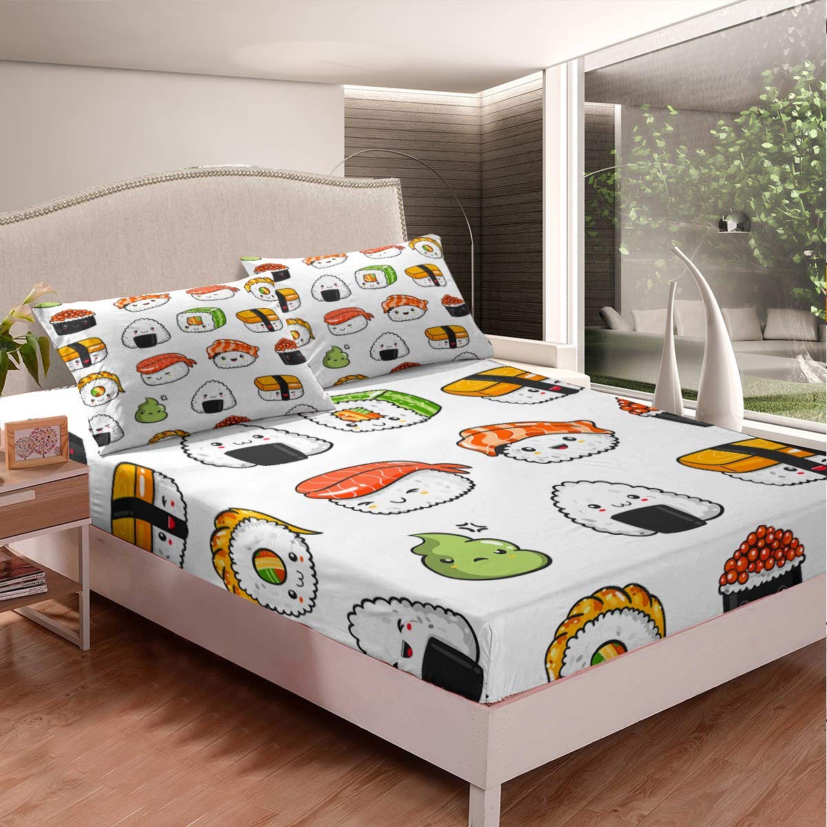 Sushi Pattern Bedding Set Twin Size Cute Bed Set for Girls Teens Bedroom Decor Kids Cartoon Japanese Style Fitted Sheet Soft Microfiber Kawaii Bed Cover (1 Fitted Sheet + 1 Pillow Case)
