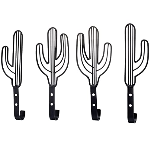 MyGift Wall Mounted Decorative Black Metal Entryway Coat Hooks Saguaro Cactus Shaped Hanging Novelty Hooks, Southwest Style Home Decor, Set of 4