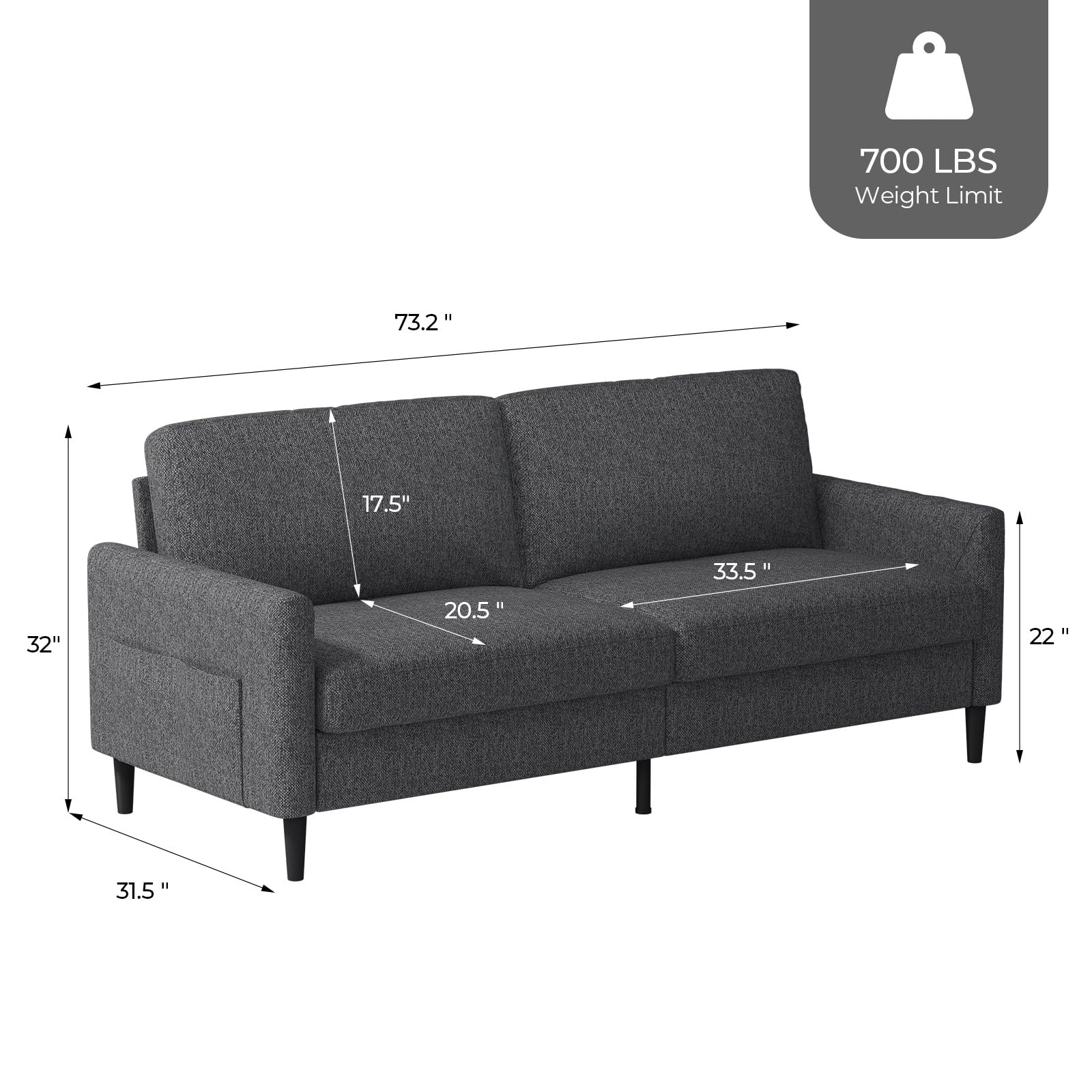 Fadware 73'' Loveseat Sofa, Comfy 2 Seater Couch Love Seat Linen Fabric Sofa Couches for Living Room, Bedroom, Apartment, Grey