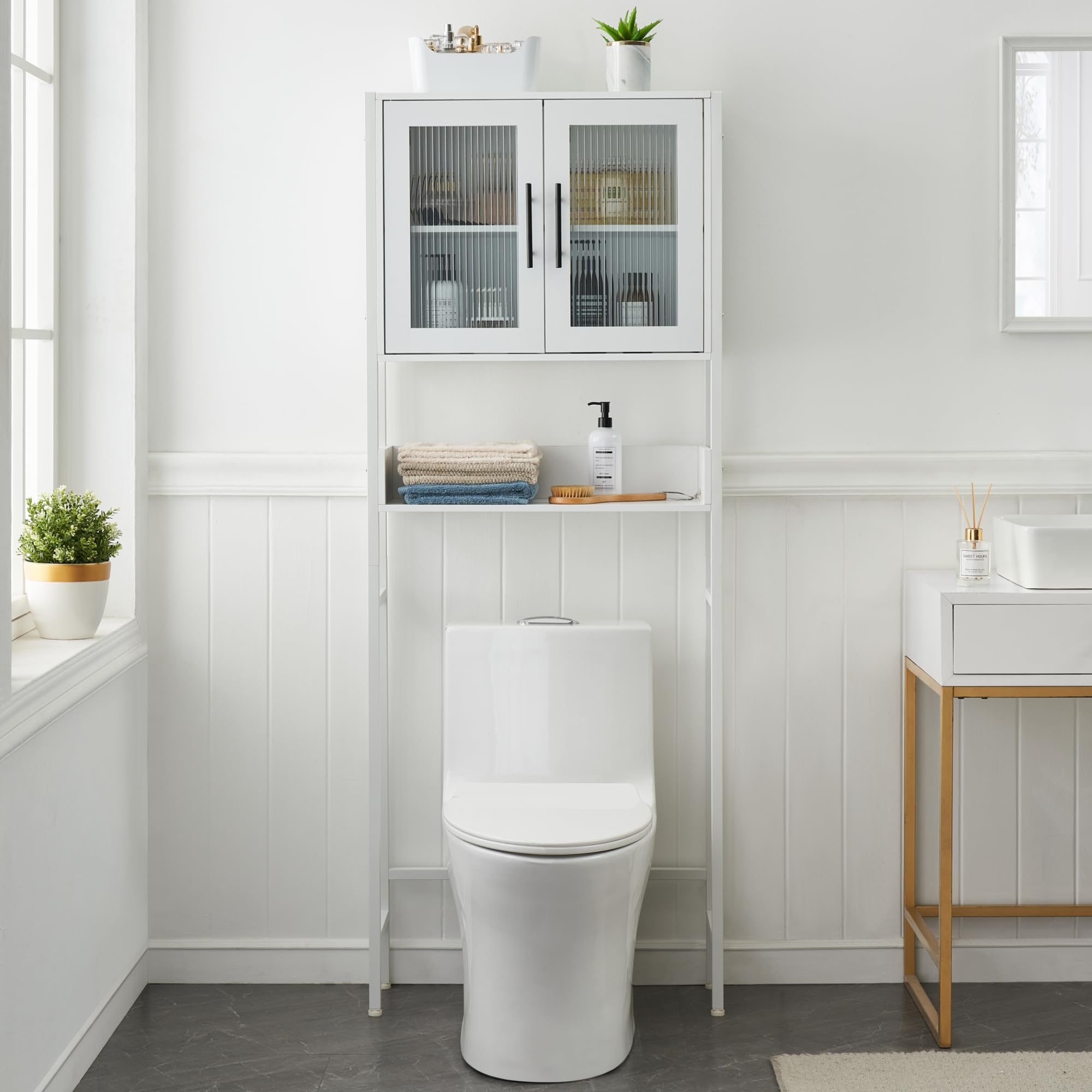IDEALHOUSE Over The Toilet Storage Cabinet with Glass Doors, Bathroom Above Toilet Storage Cabinet with Adjustable Shelves, Large Capacity Bathroom Organizer, White