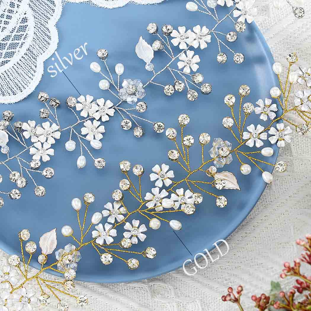 Unsutuo Flower Bride Wedding Headbands Silver Crystal Bridal Headpieces Leaves Hair Vine for Women and Girls (Silver)
