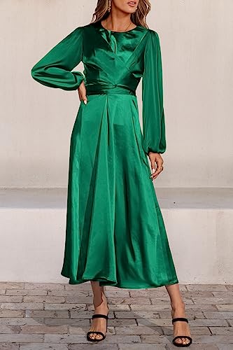 PRETTYGARDEN Women's Fall Fashion 2023 Long Sleeve Satin Dress Tie Back Casual Flowy Midi Dresses (Dark Green,Medium)