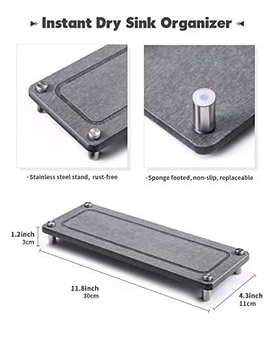 Johamoo Drying Stone Sink Tray, Bathroom Instant Dry Sink Organizer, Diatomaceous Earth Water Absorbing Stone Tray for Sink, Sink Drying Stone for Kitchen Counter with Stainless Steel Feet, Grey